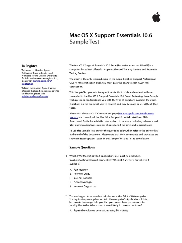 Support Essentials Sample Test 10.6 | PDF | Mac Os X Snow Leopard ...