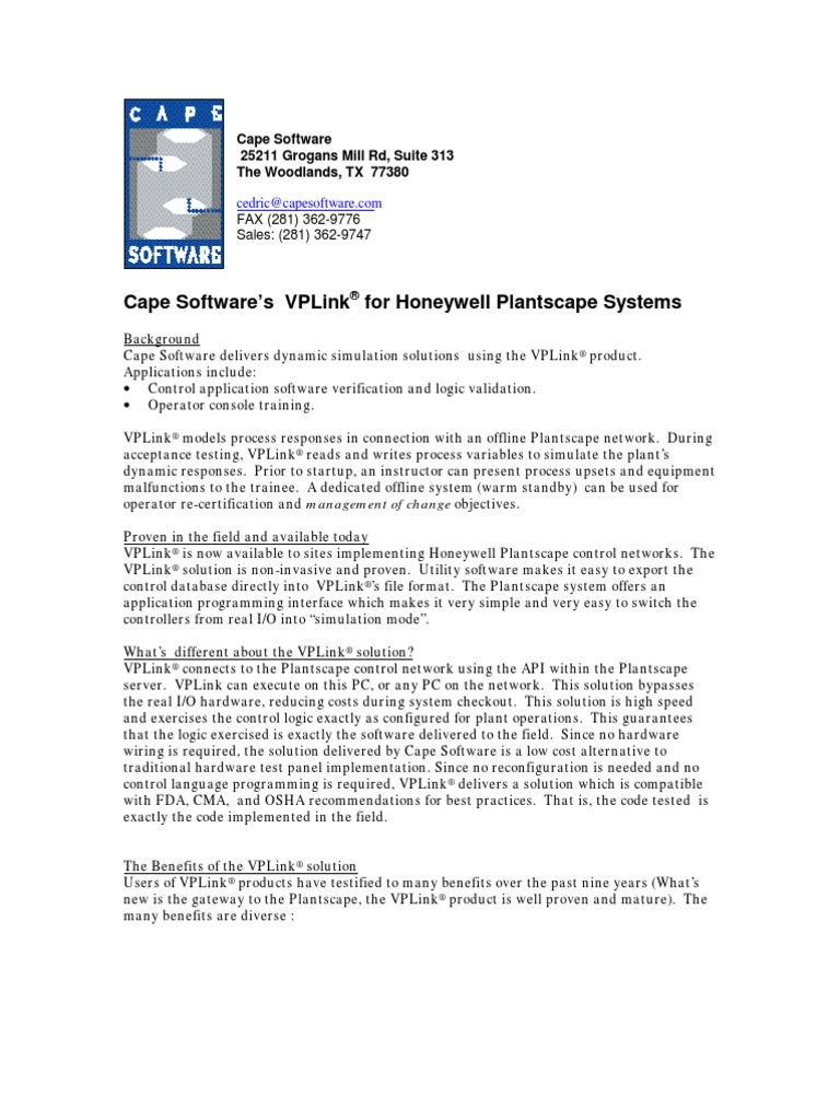 Cape Software's VPLink® For Honeywell Plantscape Systems | PDF ...