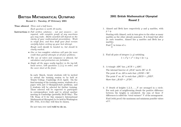 British Mathematical Olympiad 2001 | PDF | Teaching Methods & Materials ...