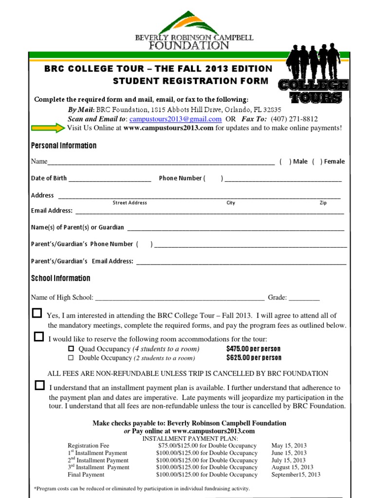 BRC College Tour Registration Form | PDF | Fee | Email