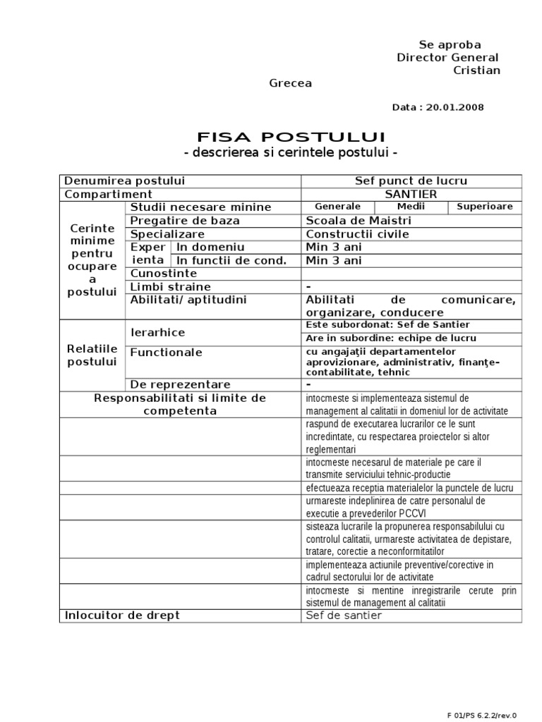 Fisa Post Sef de Punct de Lucru | PDF Fisa Post Sef de Punct de Lucru | PDF