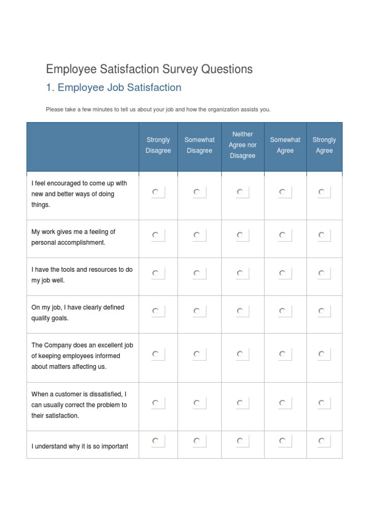 Employee Satisfaction Survey Questions | PDF | Job Satisfaction ...