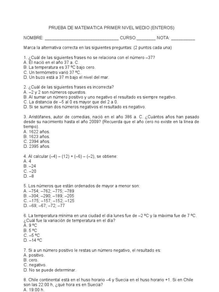 Prueba de Matematica Primer Nivel Medio | PDF | Entero | Teoría de los ...