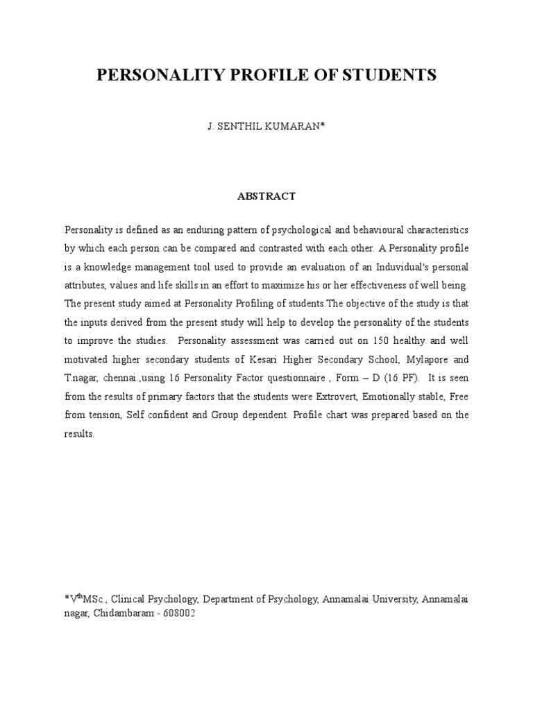 Personality Profile of Students | PDF | Coping (Psychology ...