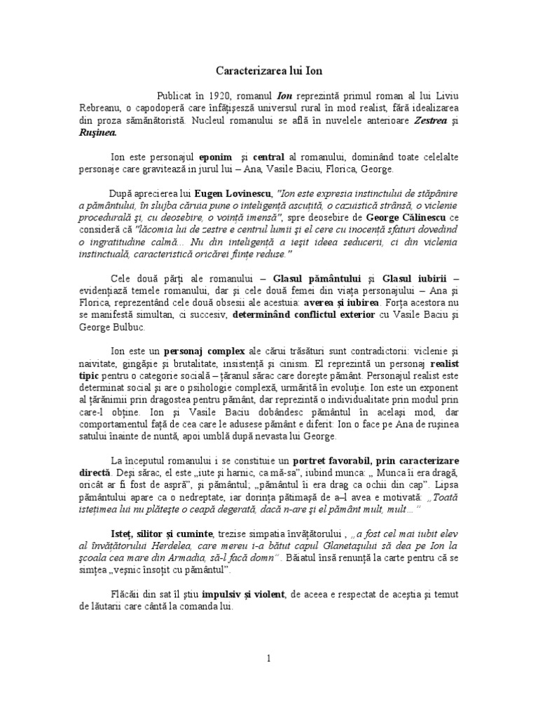 Caracterizarea Lui Ion - Liviu Rebreanu | PDF