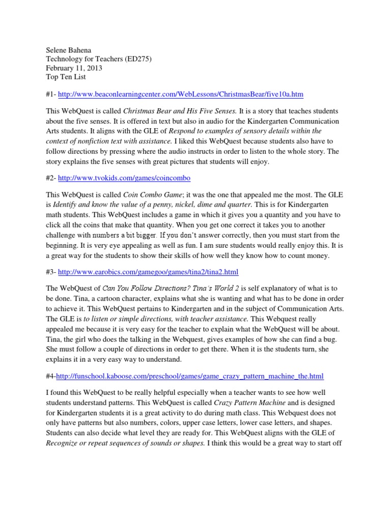 Top Ten List of Webquests For Kindergarten Students | PDF ...