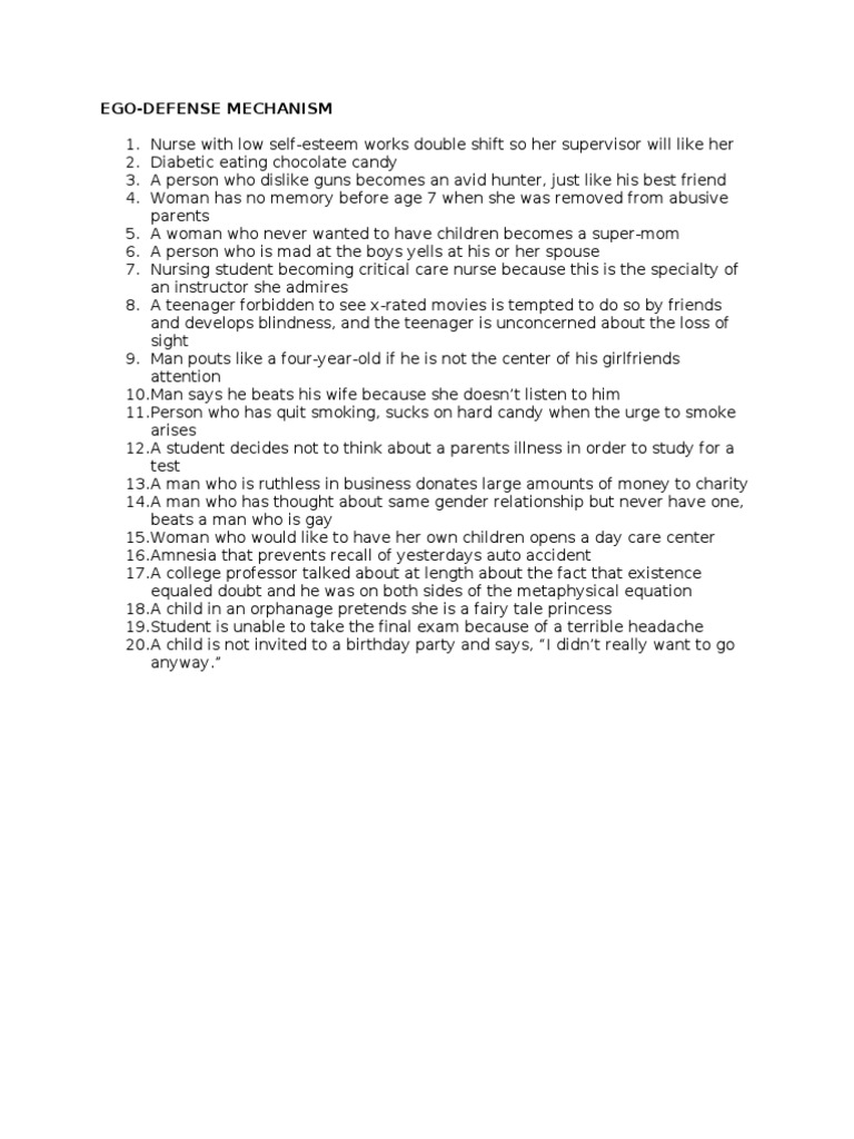 Ego Defense Mechanisms Worksheets