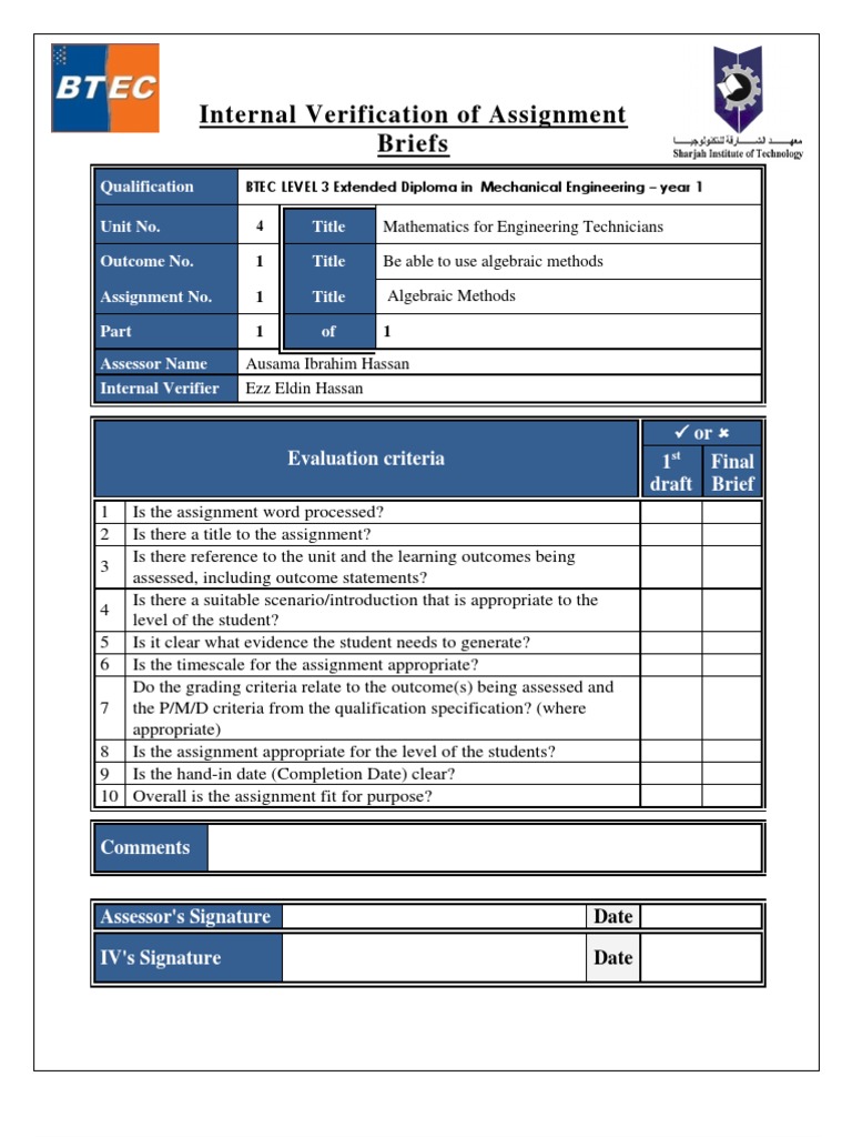 Internal Verification of Assignment Briefs: Evaluation Criteria 1 Draft Final Brief | PDF ...