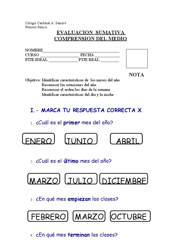 Evaluación Días y Meses Primero Básico | PDF | Relaciones personales ...