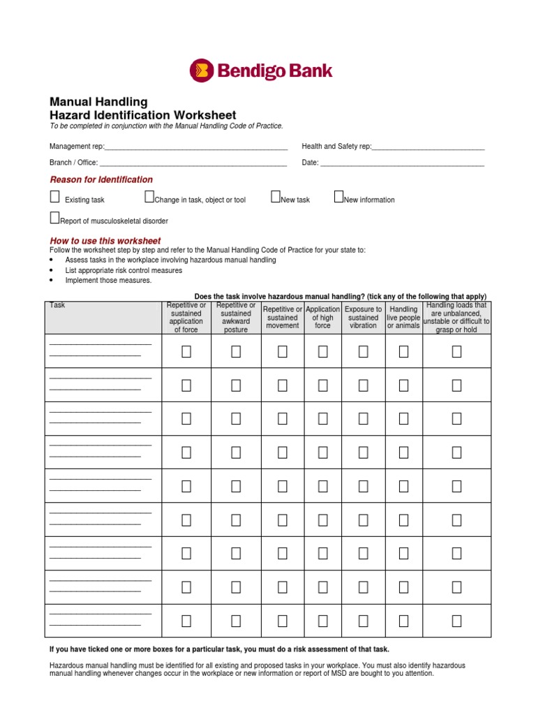 Manual Handling Hazard Identification Worksheet | PDF | Occupational ...