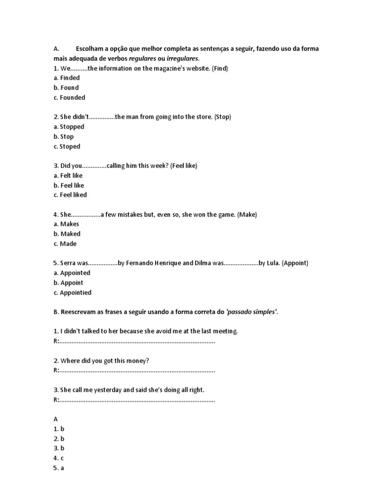 Exercicio de Inglês Com Gabarito | PDF