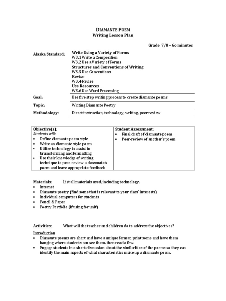 Writing Diamate Poems | PDF | Poetry | Lesson Plan