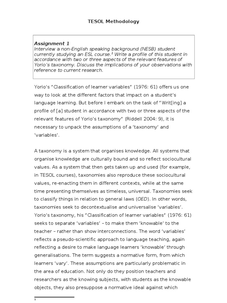 TESOL-Assignment 1 Student Profile-H10 | PDF | English As A Second Or ...