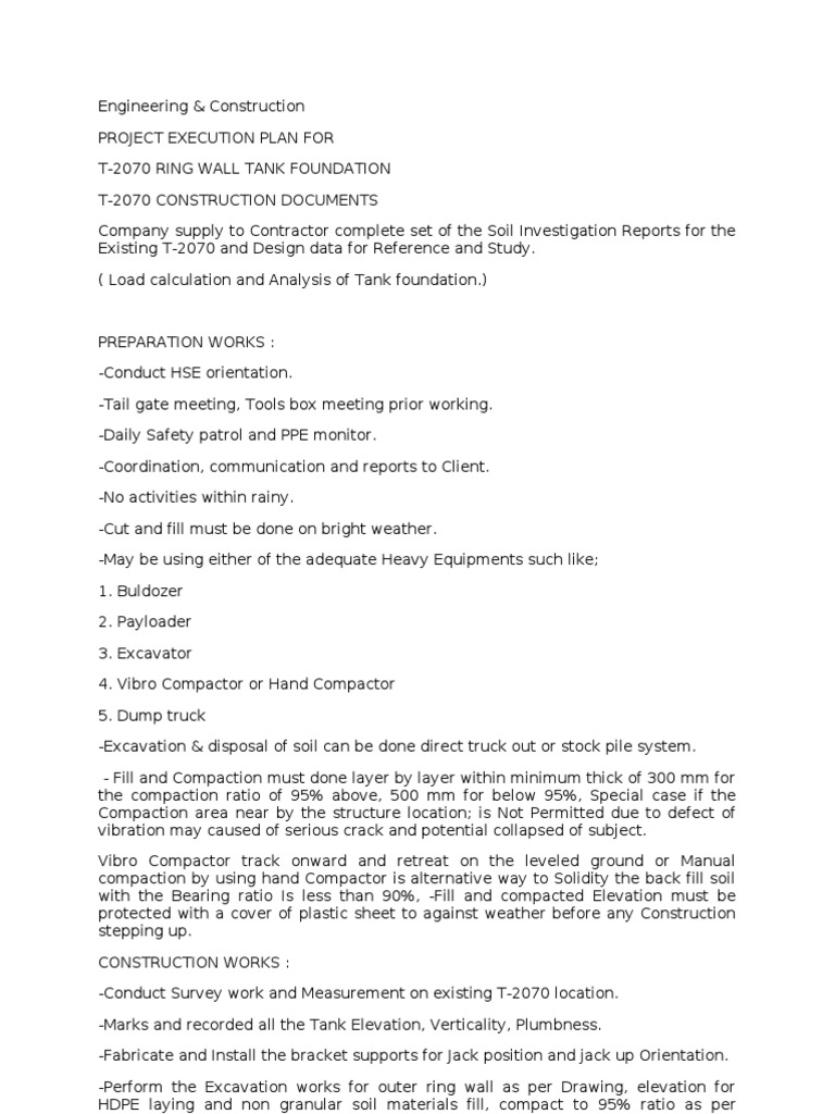 Project Execution Plan For Tank | PDF | Surveying | Concrete