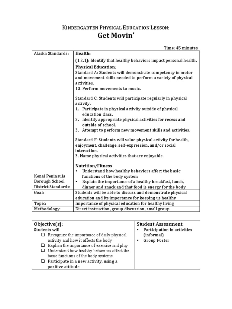 Kindergarten PE Lesson Plan: Get Movin’ | PDF | Curriculum | Physical ...
