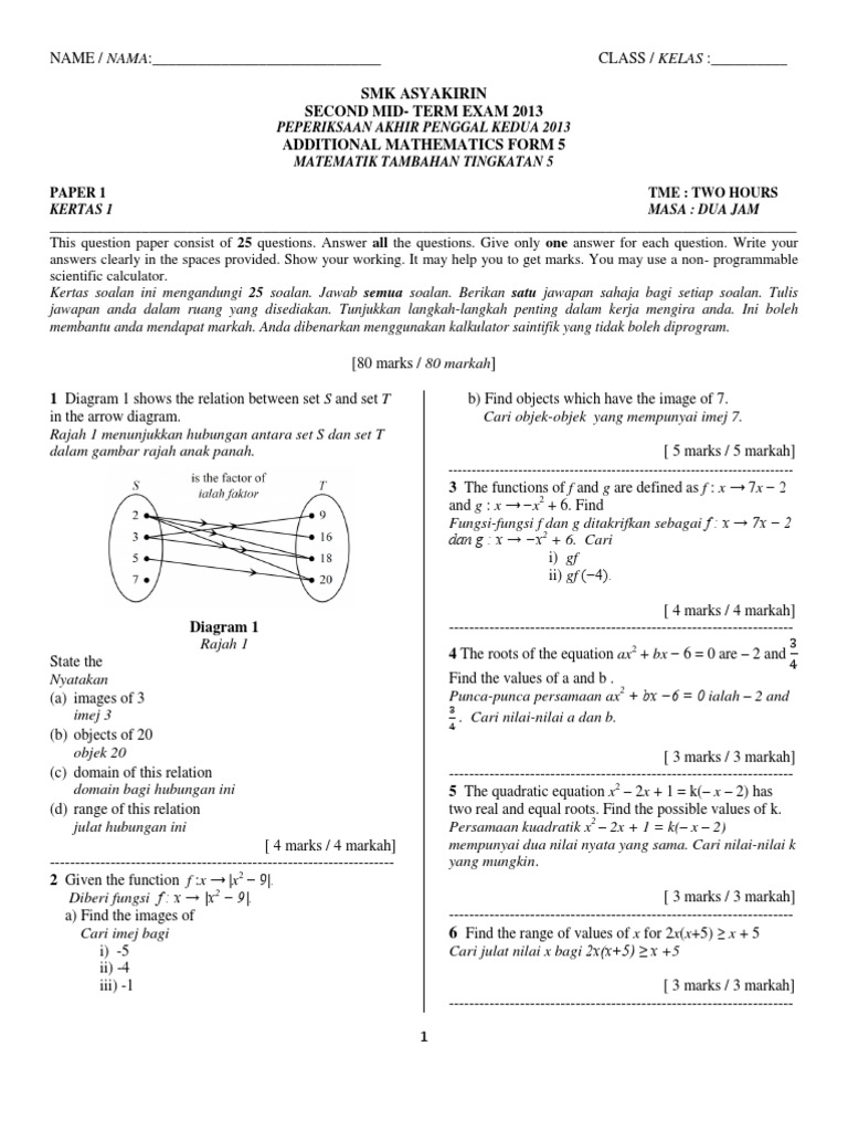 Addmath Form 5 Pap1 2013 | PDF | Function (Mathematics) | Geometry