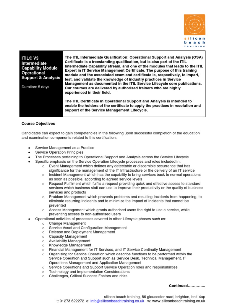 ITIL® V3 Intermediate Capability Module Operational Support Analysis ...