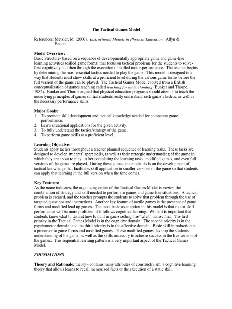 The Tactical Games Model TGFU | PDF | Teachers | Expert