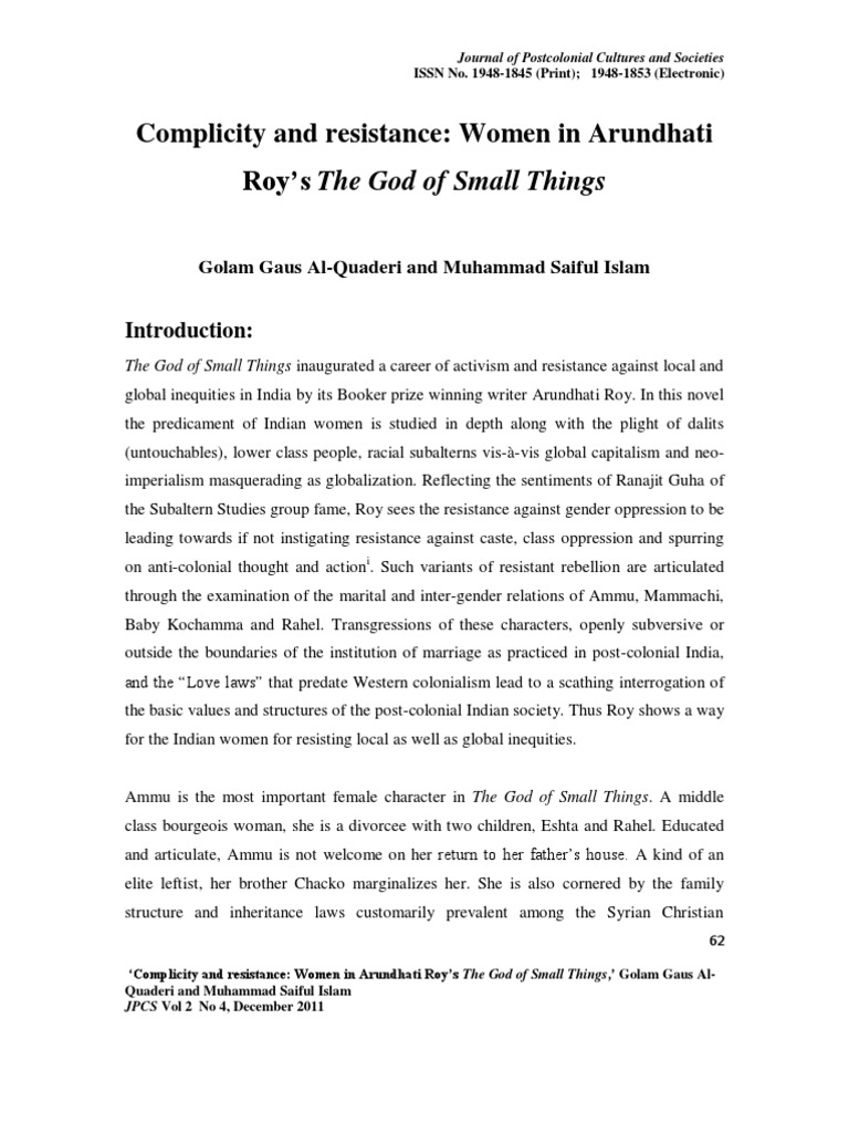 Complicity and Resistance Women in Arunduti Roy The God of Small Things ...