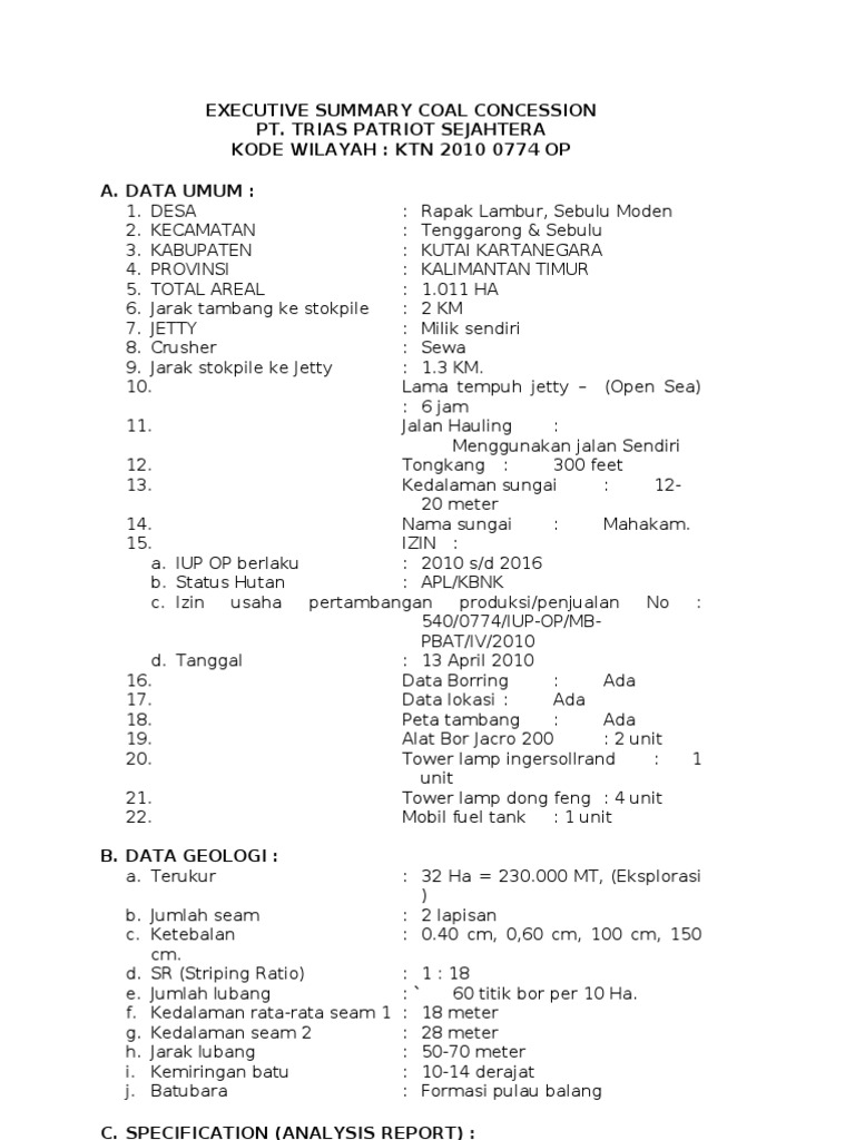 Executive Summary Coal Concesion PT. TPS | PDF