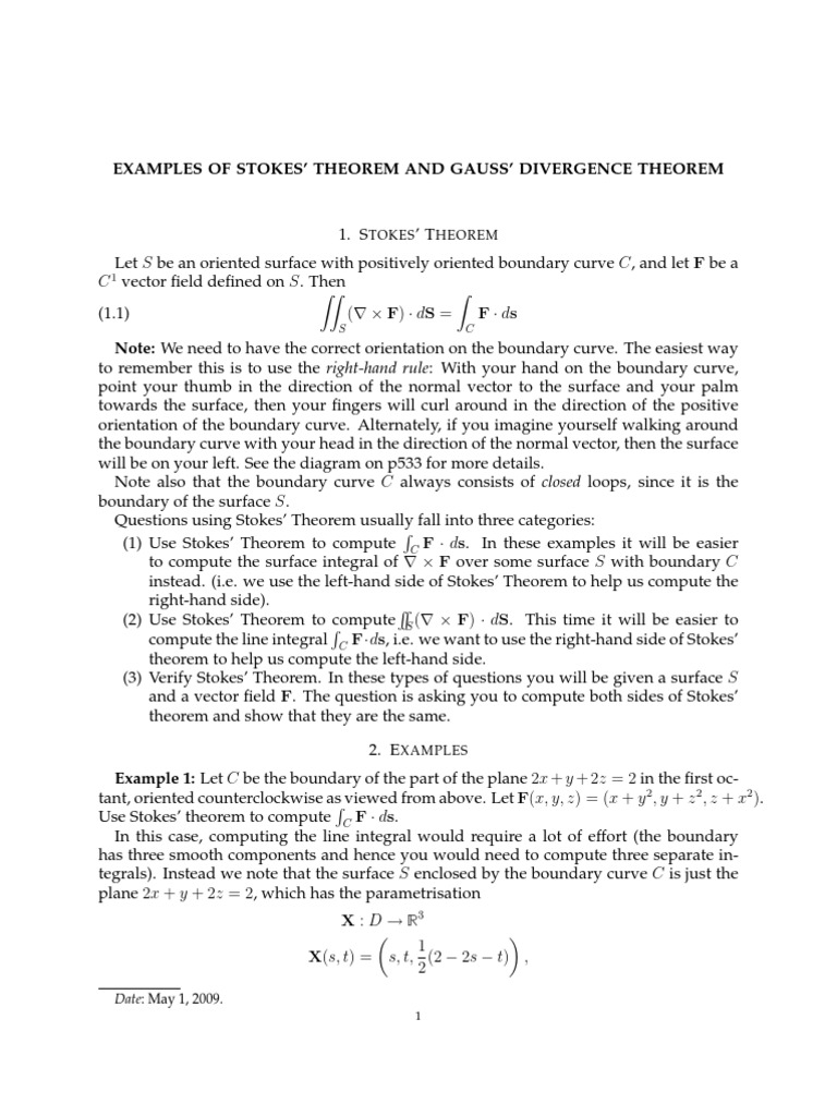 Examples of Stokes' Theorem and Gauss' Divergence Theorem | PDF ...