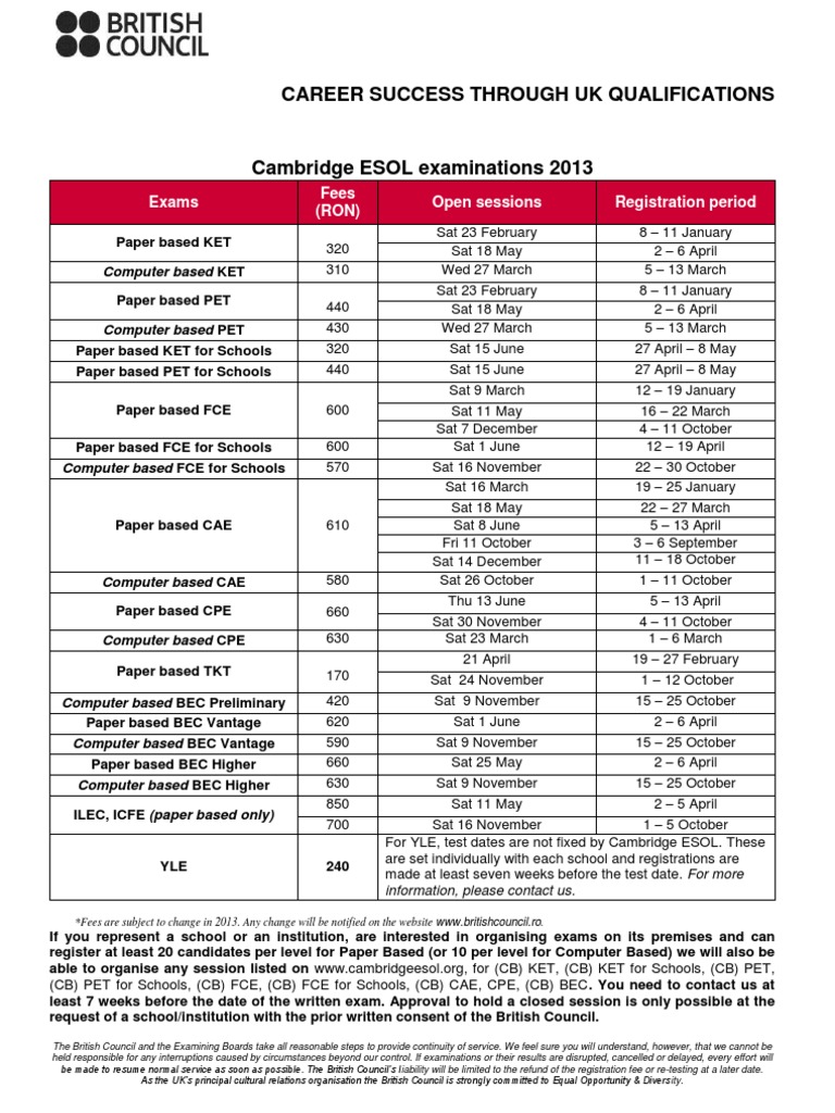 Cambridge Exams Dates and Fees 2013 | PDF | Test (Assessment) | Government