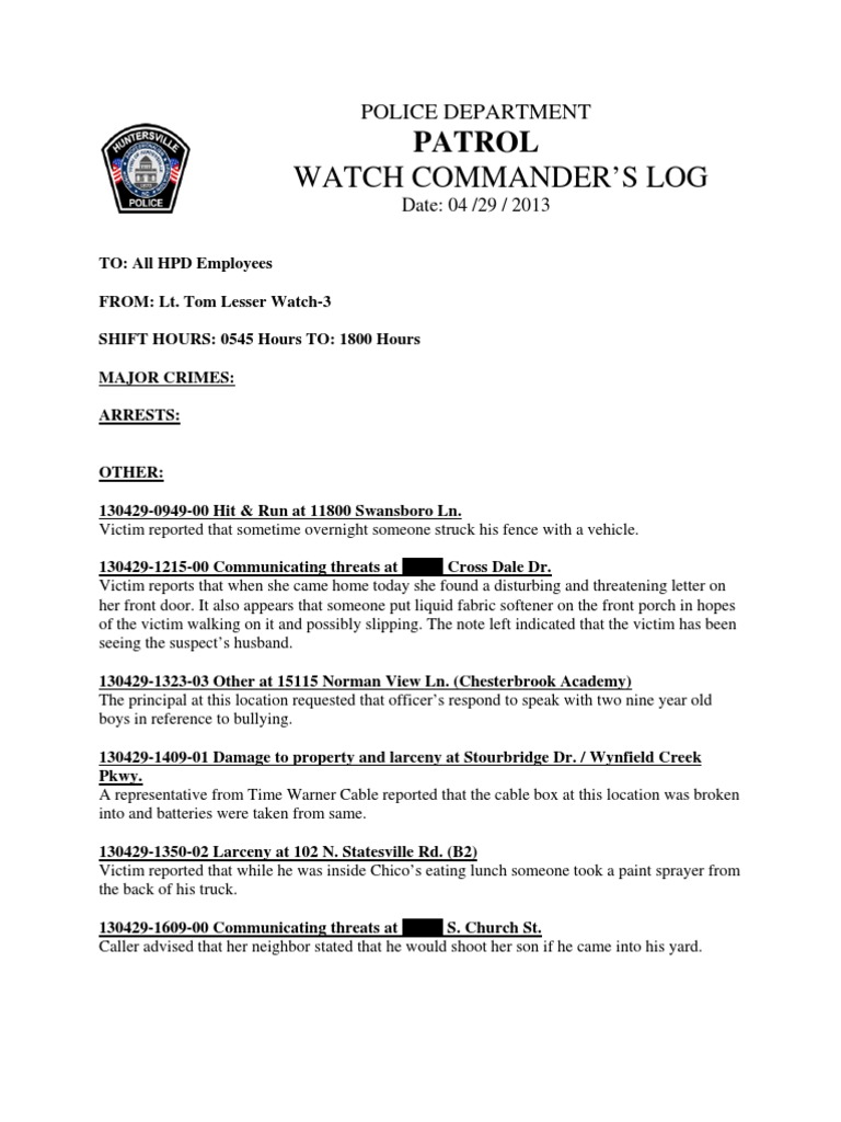 HPD Patrol Watch Log 4-29-13 Day | PDF