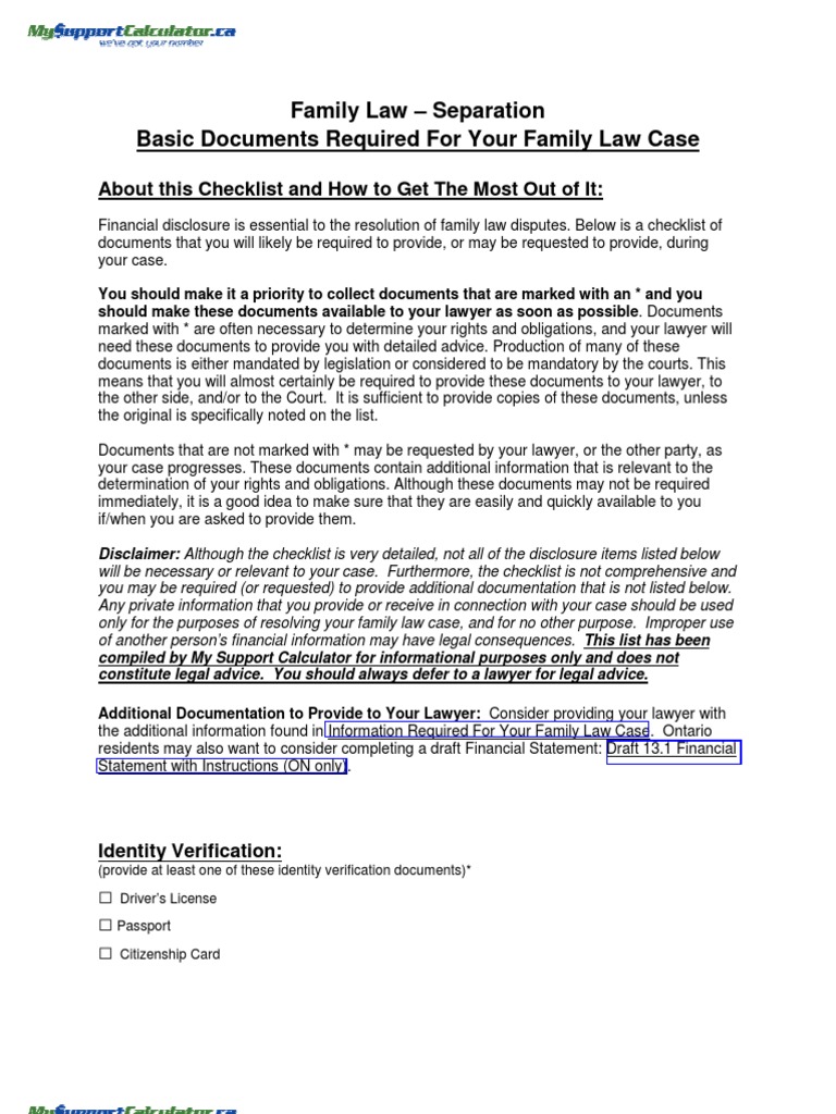 Family Law Documents Checklist | PDF | Employment | Banks