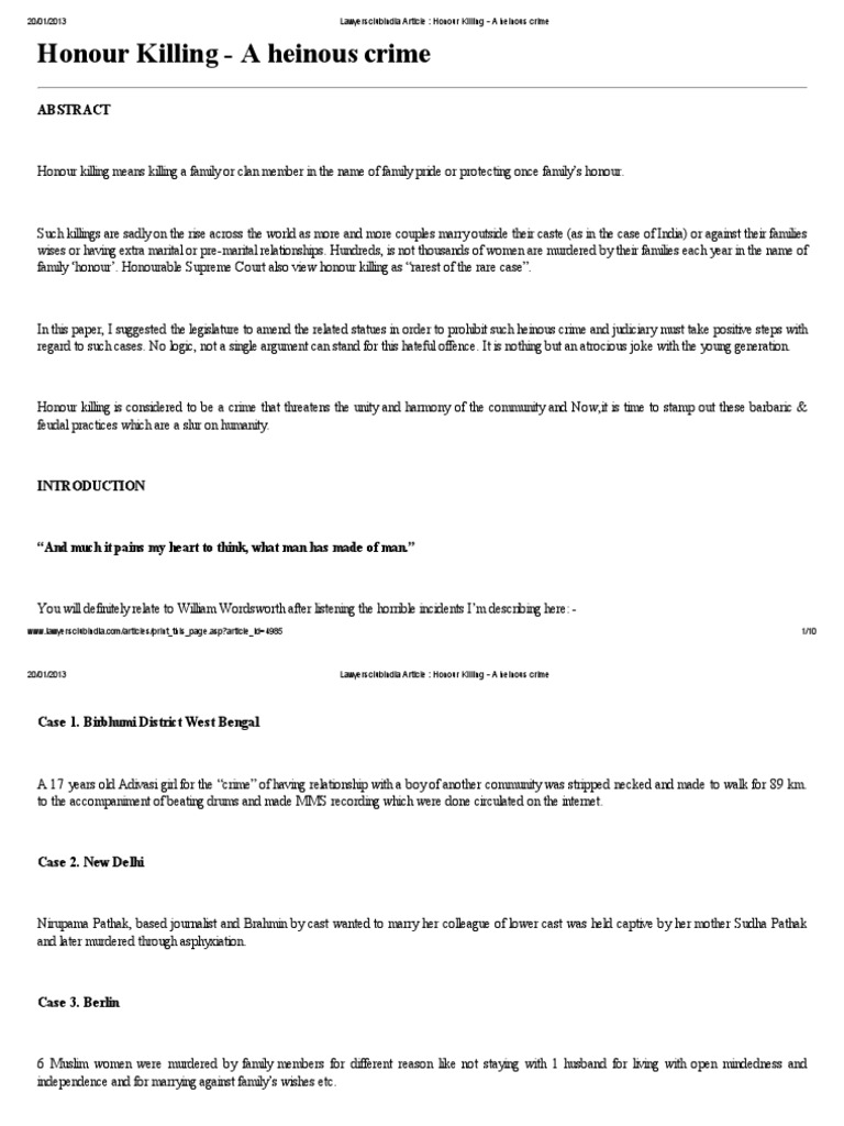 Lawyersclubindia Article - Honour Killing - A Heinous Crime | PDF ...