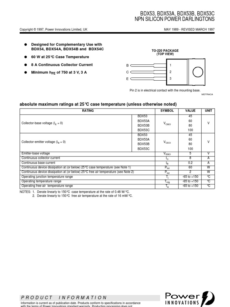 BDX53, BDX53A, BDX53B, BDX53C NPN Silicon Power Darlingtons | PDF ...
