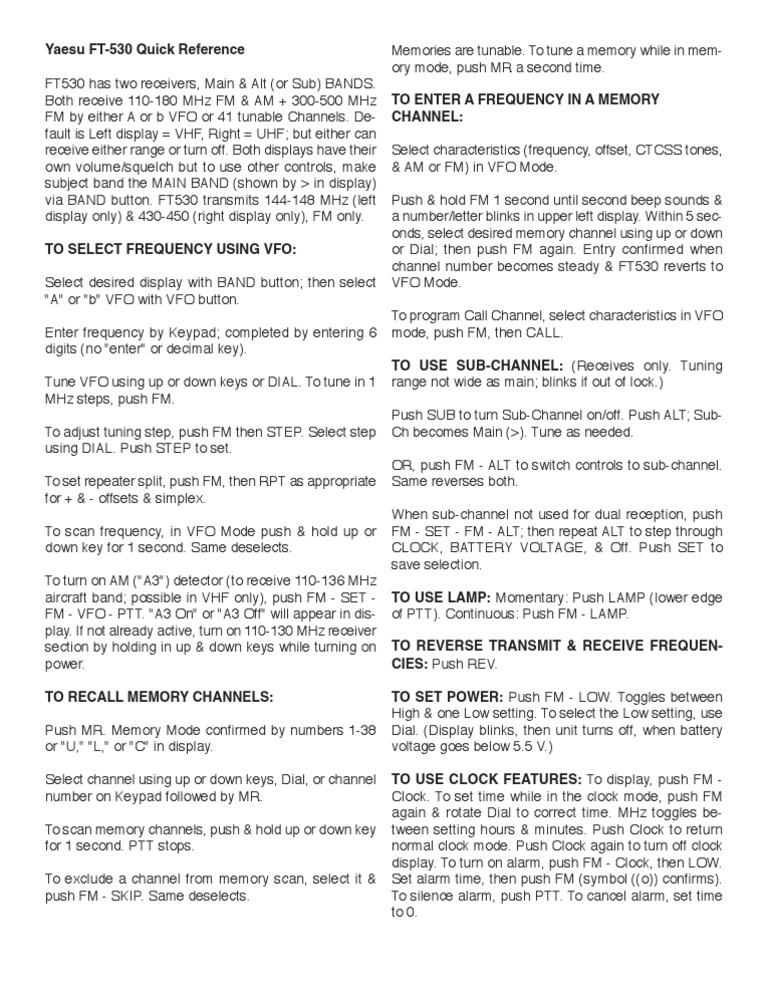 FT-530 Quick Reference Guide | PDF | Very High Frequency | Frequency ...