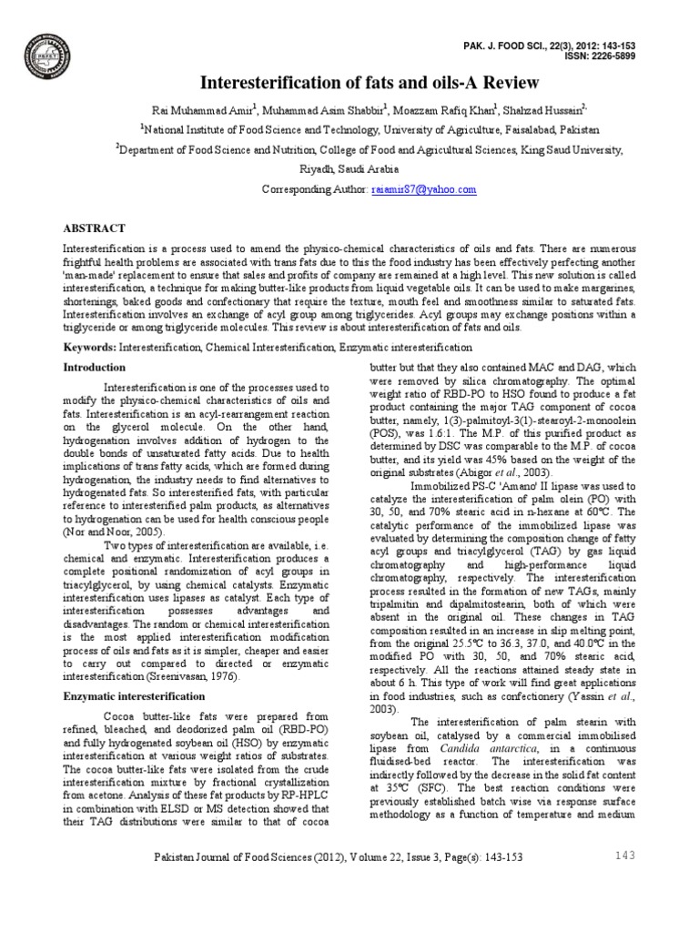 Interesterification of Fats and Oils-A Review | Download Free PDF ...