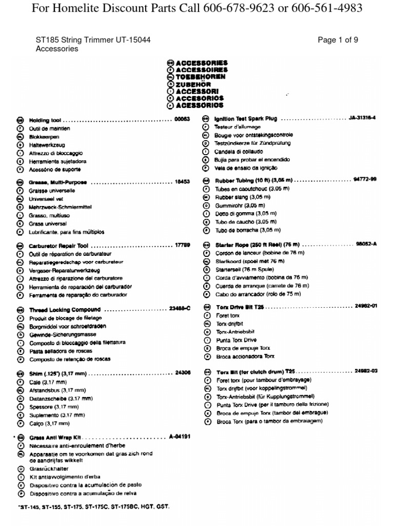 Homelite String Trimmer Parts Manual ST185 String Trimmer UT 15044 ...