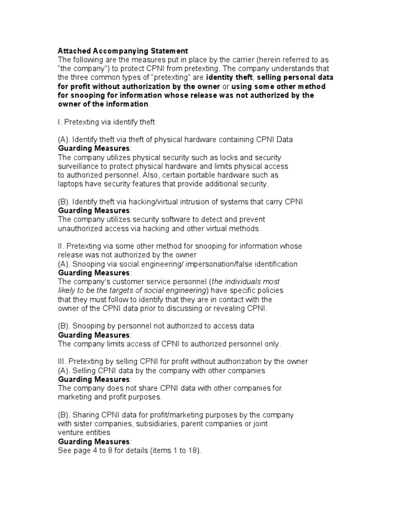 CPNI Protection Measures Against Pretexting | PDF