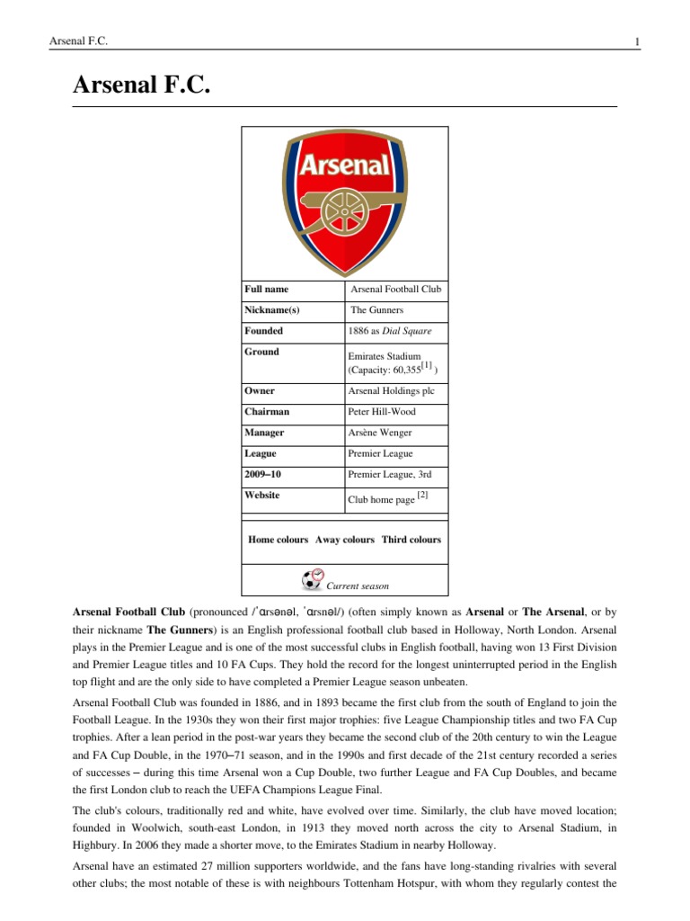 Arsenal F.C.: Full Name Nickname(s) Founded Ground | PDF | Arsenal F.C ...