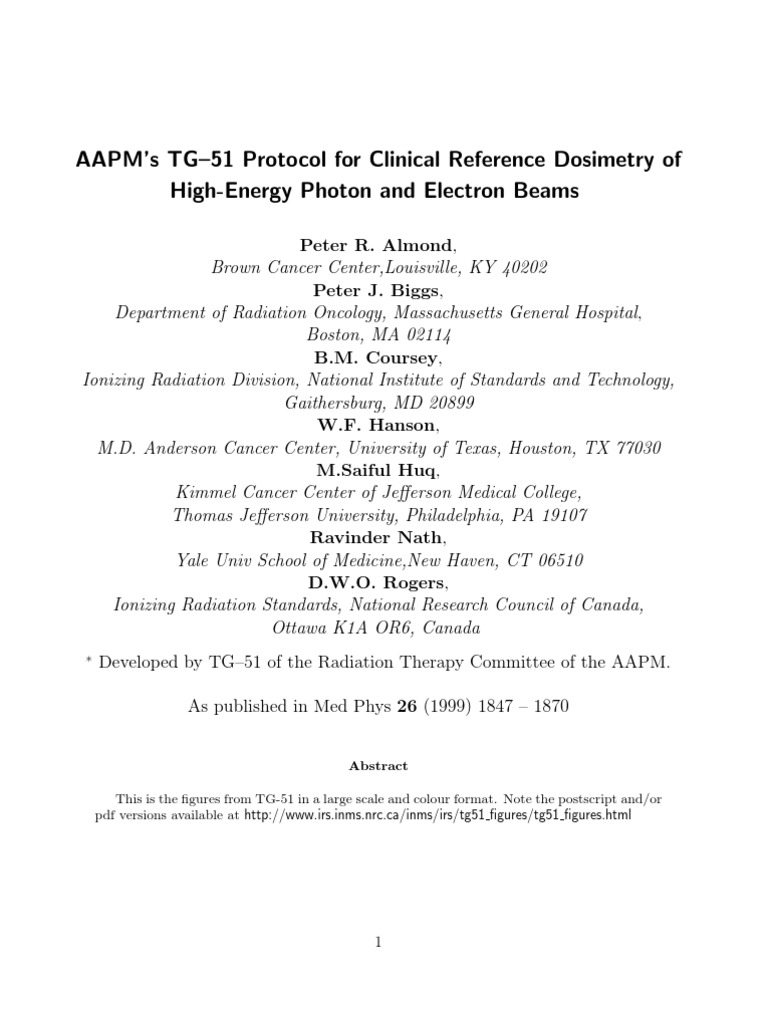 AAPM's TG-51 Protocol For Clinical Reference Dosimetry of High-Energy ...