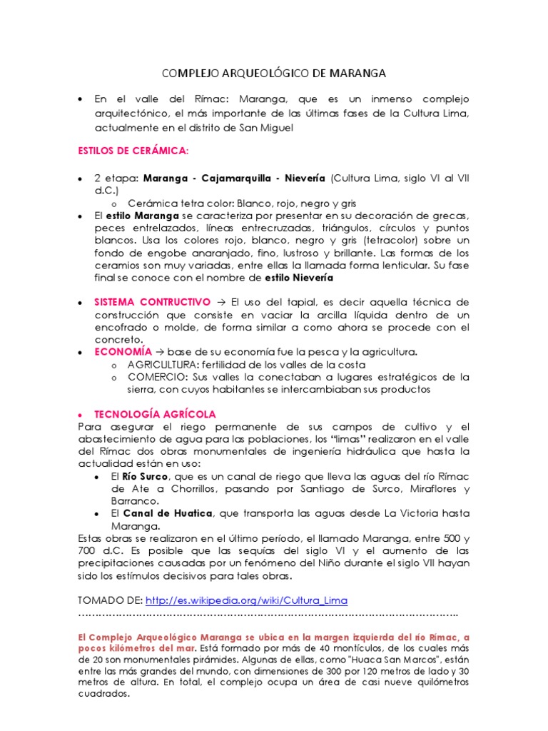 Complejo Arqueológico Maranga: Cultura Lima | PDF | Lima | Agricultura