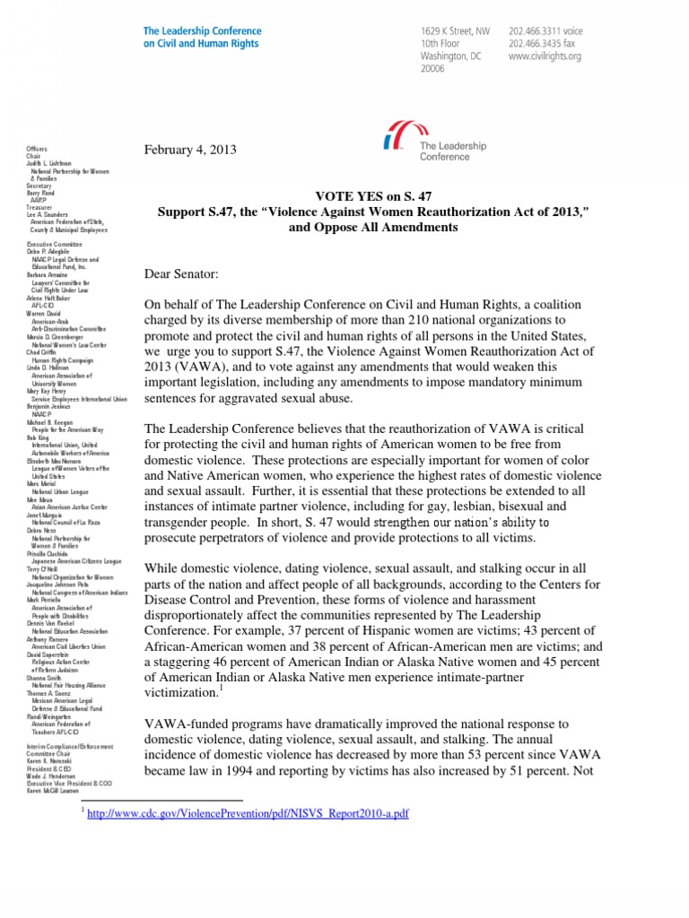 VAWA Letter Supporting S 47-02-01 13 | Download Free PDF | Violence ...