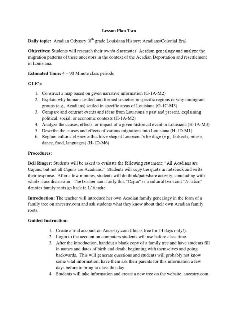 Lesson Plan Two For Unit Plan | PDF | Acadians | Louisiana