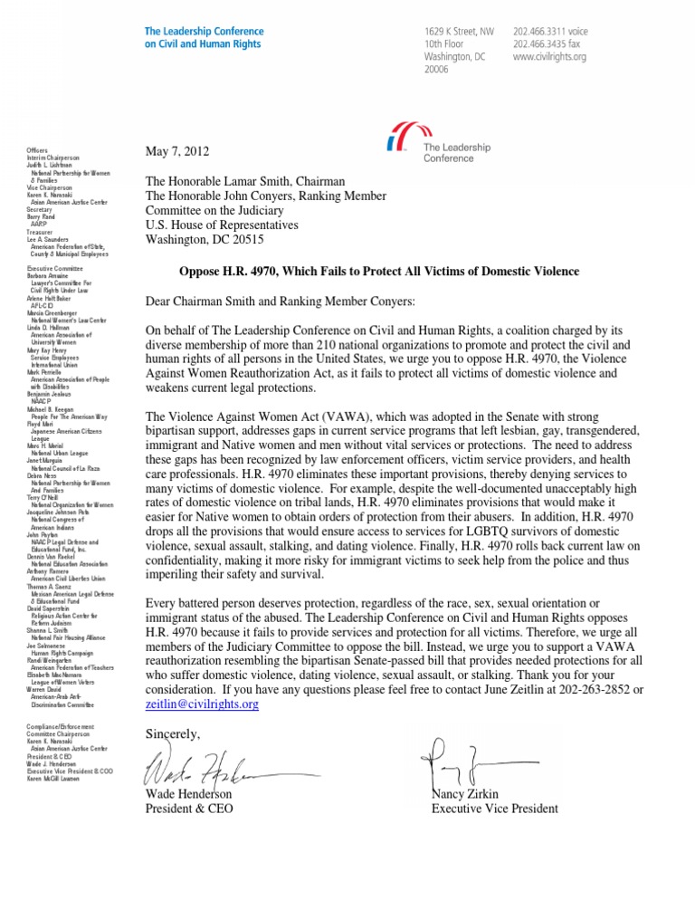 The Leadership Conference VAWA Letter Opposing H R 4970 | PDF ...