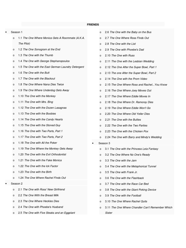 Friends Episode Guide by Season | PDF | Friends | Television Episodes