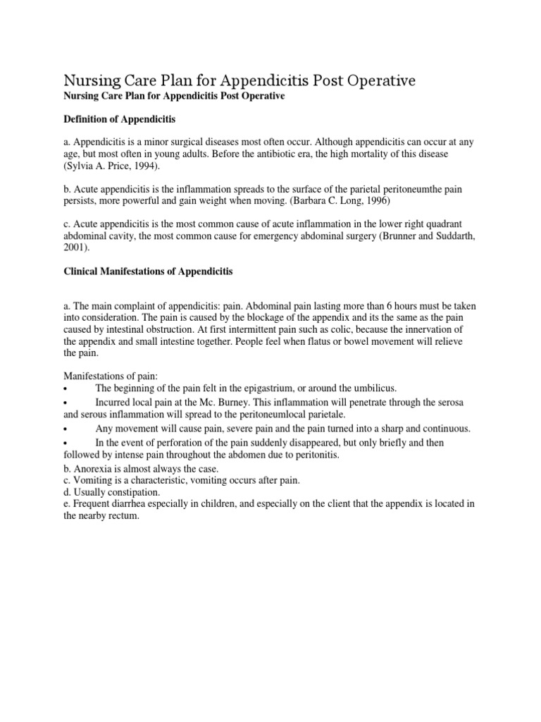 Nursing Care Plan for Appendicitis Post Operative | Nausea | Pain