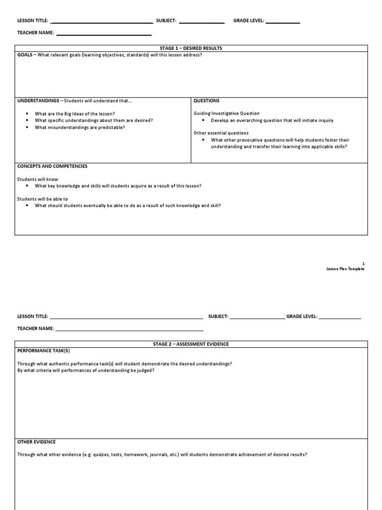 Ubd Lesson Plan Blank Template | PDF | Lesson Plan | Applied Psychology