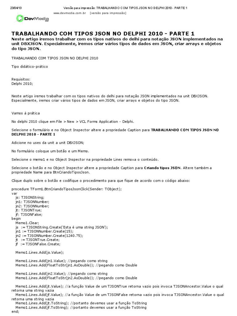 Versão Para Impressão Trabalhando Com Tipos Json No Delphi 2010 Parte 1 Download Grátis 