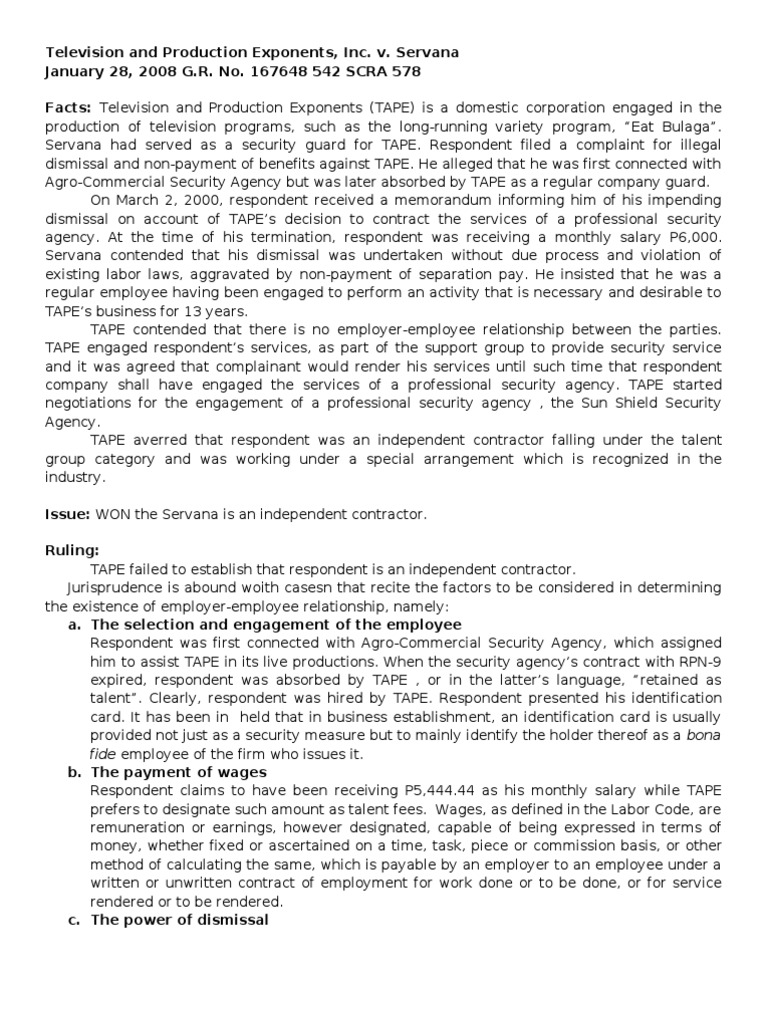 Television and Production Exponents, Inc. v. Servana | PDF | Wage ...