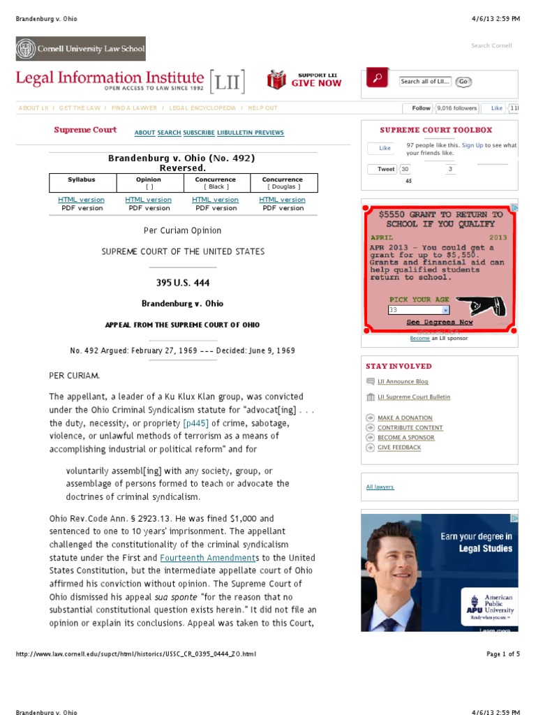 Brandenburg v. Ohio-Per Curiam | PDF | United States Public Law | Virtue