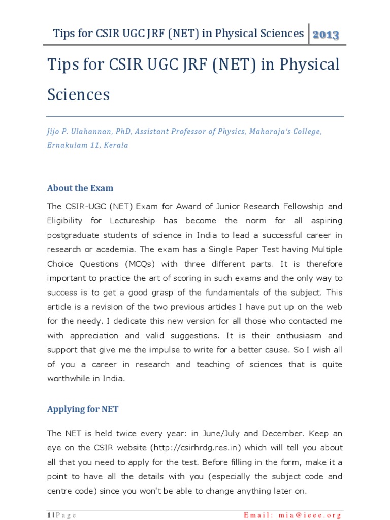 CSIR NET Physical Science Exam Tips | PDF | Solid State Physics | Field ...
