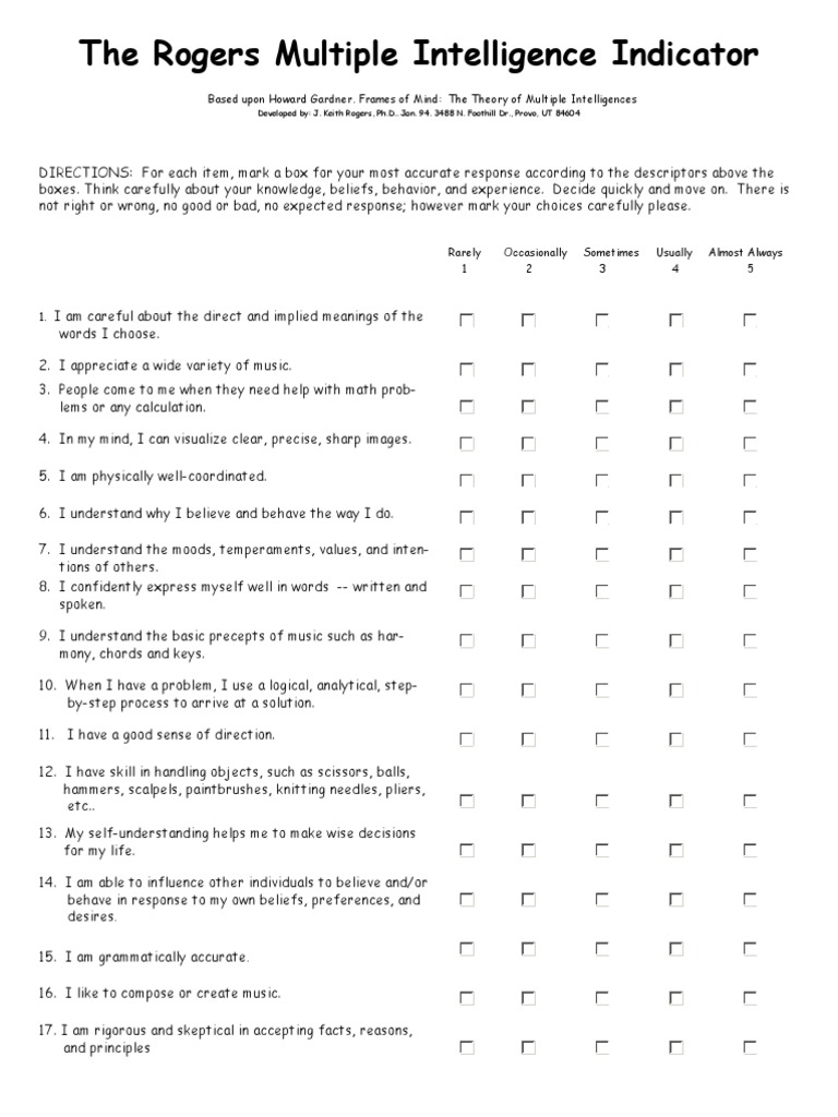 1 Rogers Multiple Intelligence Indicator | PDF | Emotions | Motivation
