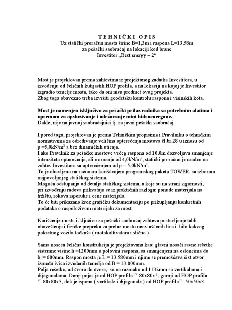 Tehnicki Opis Uz Staticki Proracun Za Stampu | PDF