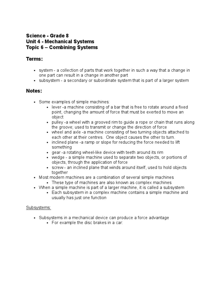 Grade 8 Mechanical Systems Overview | PDF | Machines | Brake